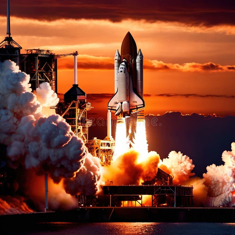 A Space Shuttle Launch at Sunset Stock Illustration - Illustration of ...