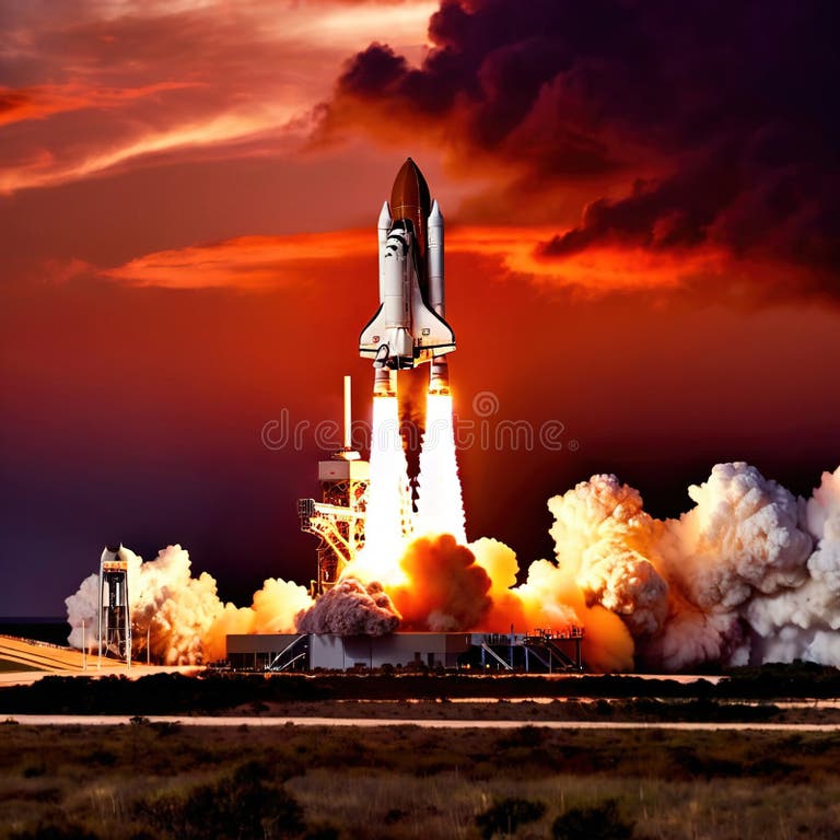 A Space Shuttle Launch at Sunset Stock Illustration - Illustration of ...