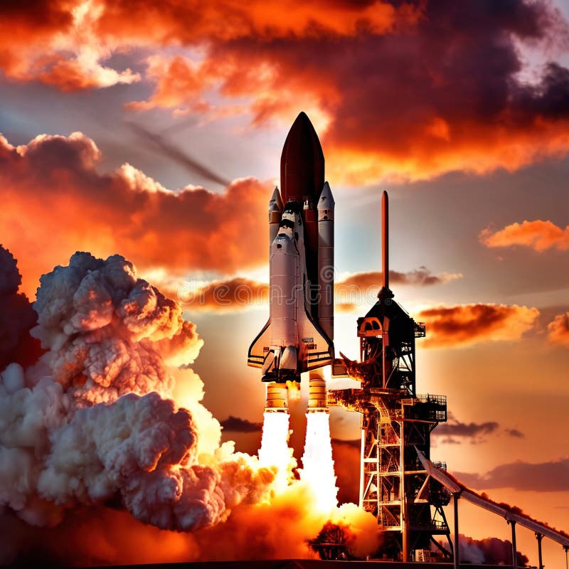 A Space Shuttle Launch at Sunset Stock Illustration - Illustration of ...