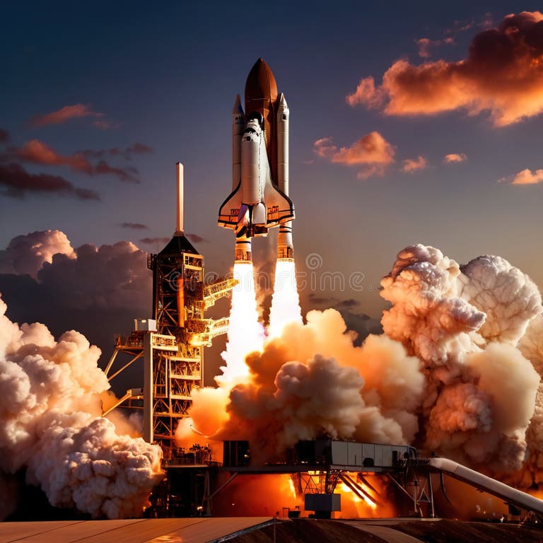 A Space Shuttle Launch at Sunset Stock Illustration - Illustration of ...