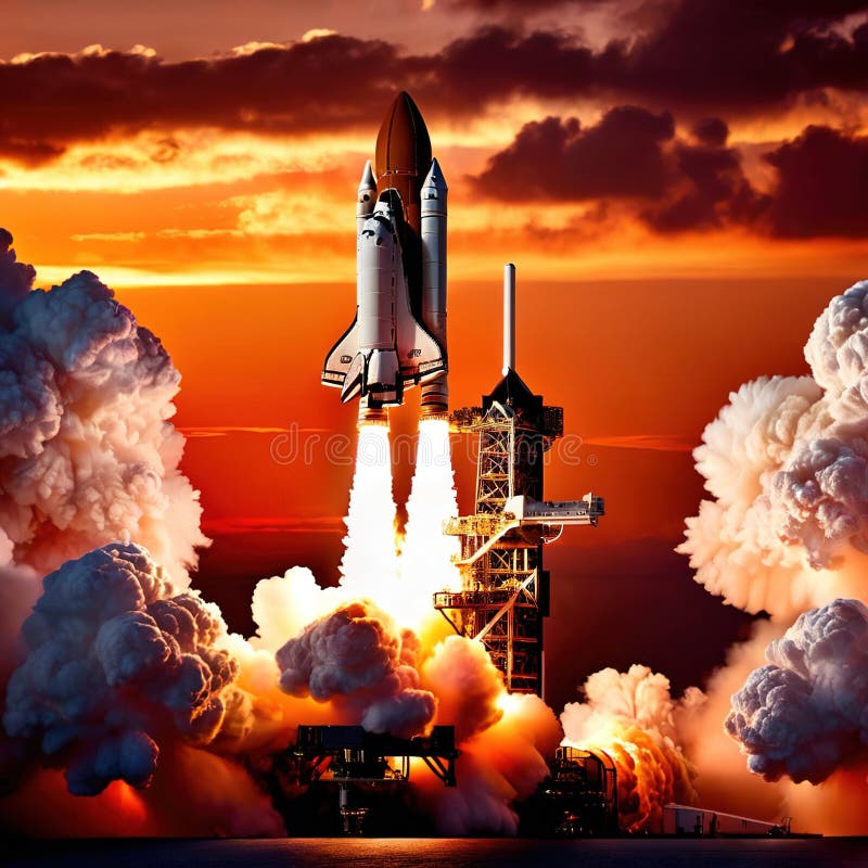 A Space Shuttle Launch at Sunset Stock Illustration - Illustration of ...