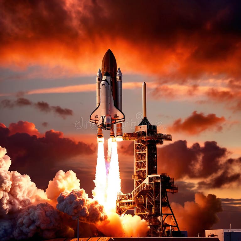 A Space Shuttle Launch at Sunset Stock Illustration - Illustration of ...