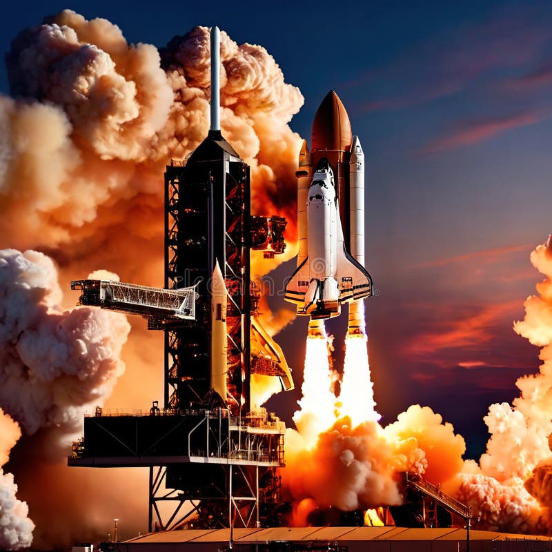 A Space Shuttle Launch at Sunset Stock Illustration - Illustration of ...