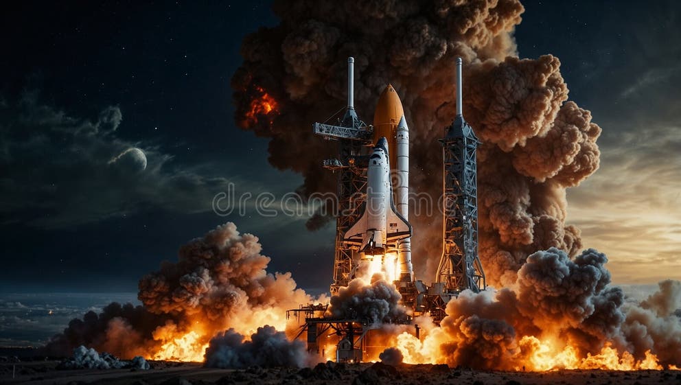 Space Shuttle Launch and Take Off from Ramp. Human Civilization ...