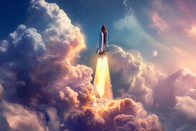 Space Shuttle Launch into Twilight Sky Stock Photo - Image of glowing ...