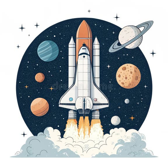 Space Shuttle Launch Vector Illustration, Planets, Stars, Isolated on ...