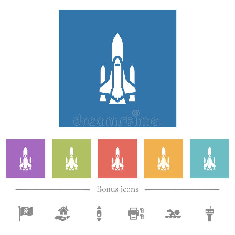 Space Shuttle with Launchers Flat White Icons in Square Backgrounds ...
