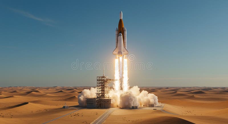 A Space Shuttle Launches from a Desert-based Platform, Leaving a Trail ...