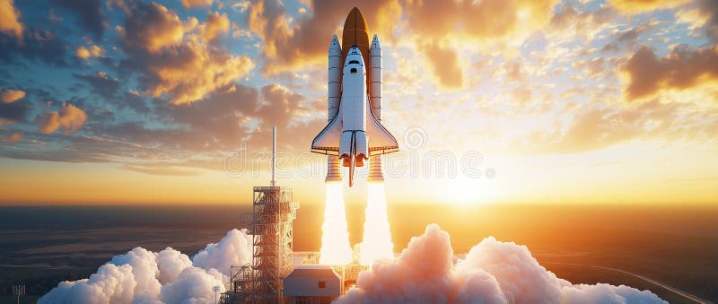Space Shuttle Launches from Launch Pad Surrounded by Clouds and Vibrant ...