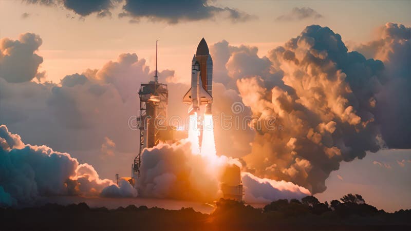Space Shuttle Launches at Sunset Filled with Clouds Stock Footage ...