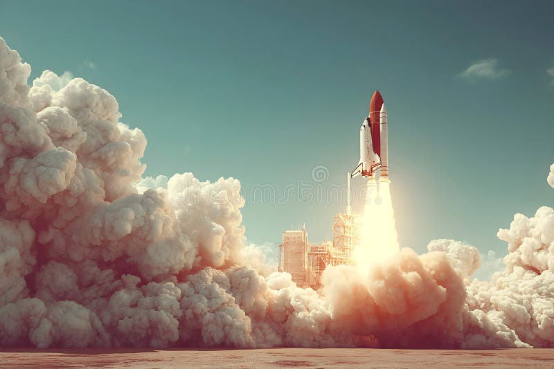 Space Shuttle Launching with Bright Flames and Thick Smoke Against a ...