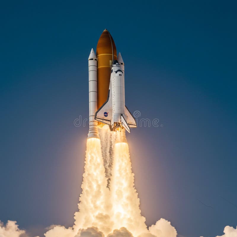 Space Shuttle Launching into a Clear Blue Sky, with Bright Flames and ...