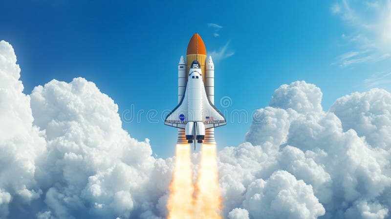 Space Shuttle Launching through Clouds, Powerful Rocket Engines Burning ...