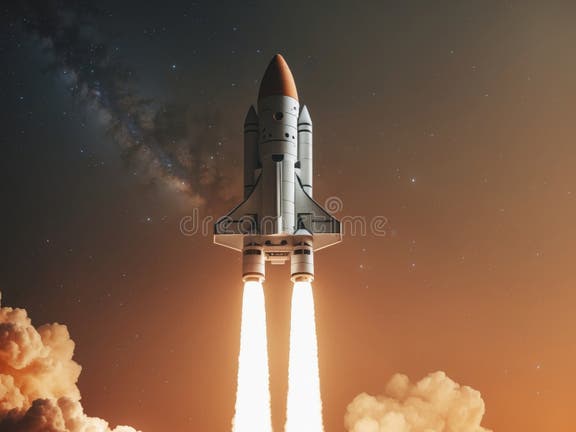 Space Shuttle Launching into the Cosmos, Igniting the Night Sky with Rocket Fire. Stock Image ...