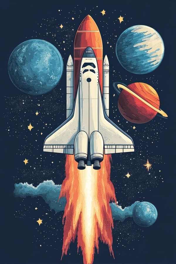 Space Shuttle Launching through Cosmos Planets Stars Stock Illustration - Illustration of galaxy ...
