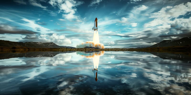 Space Shuttle Launching into a Dramatic Sky, Reflected in a Calm Body ...
