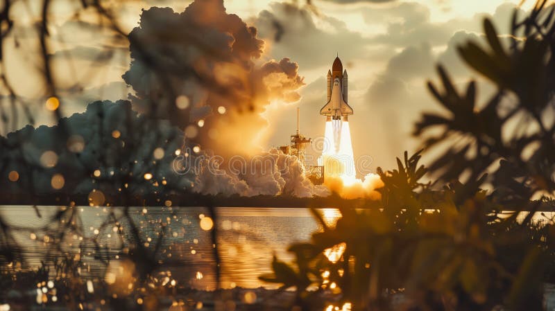 Space Shuttle Launching into a Dramatic Sky, Reflected in a Calm Body ...