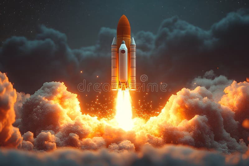 Space Shuttle Launching into Space with Fiery Boosters Space ...