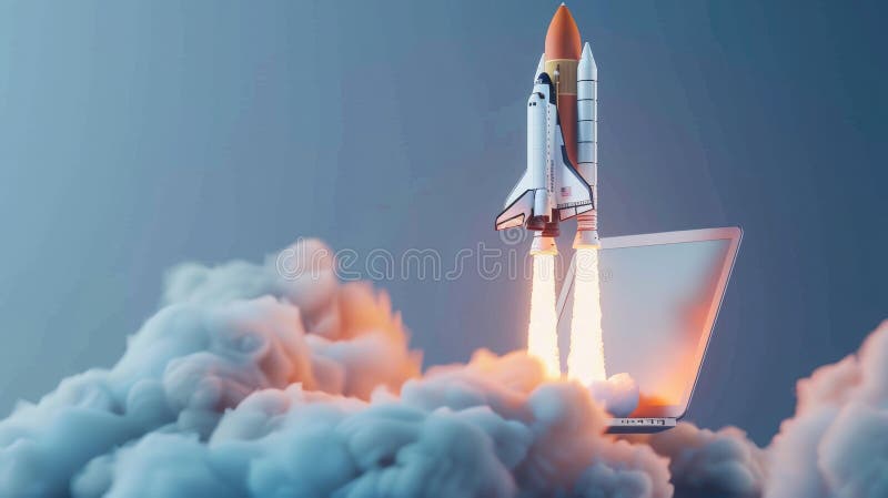 Space Shuttle Launching from Laptop Surrounded by Clouds in Space ...