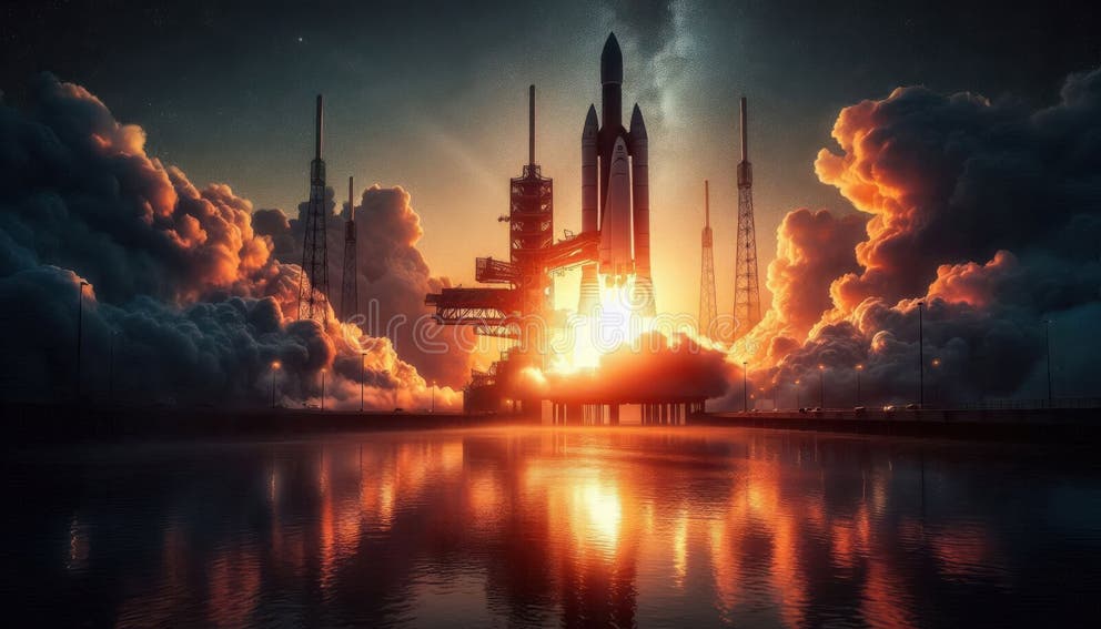 Space Shuttle Launching Large Smoke and Lake Stock Illustration ...