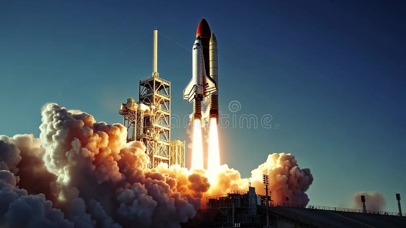 Space Shuttle Launching from a Launchpad, Creating a Huge Plume of ...