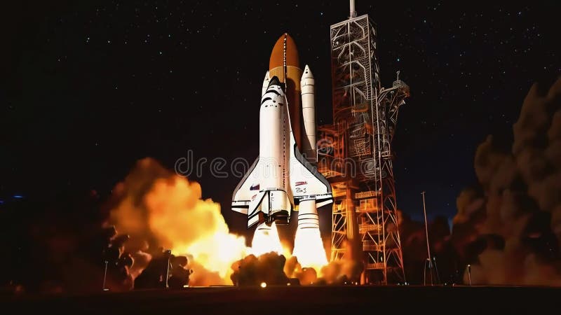 Space Shuttle Launching at Night, Powerful Fiery Thrusters, Massive ...