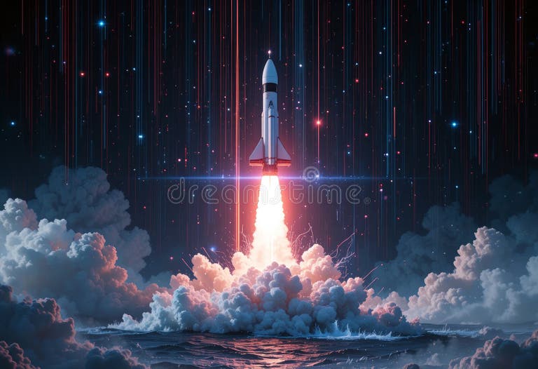 Space Shuttle Launching into Night Sky with Brilliant Fire and Smoke ...