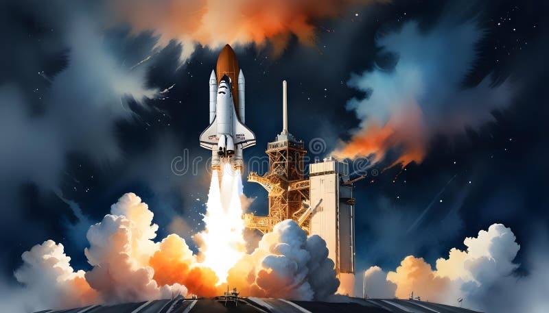 A Space Shuttle Launching into the Night Sky Stock Illustration ...