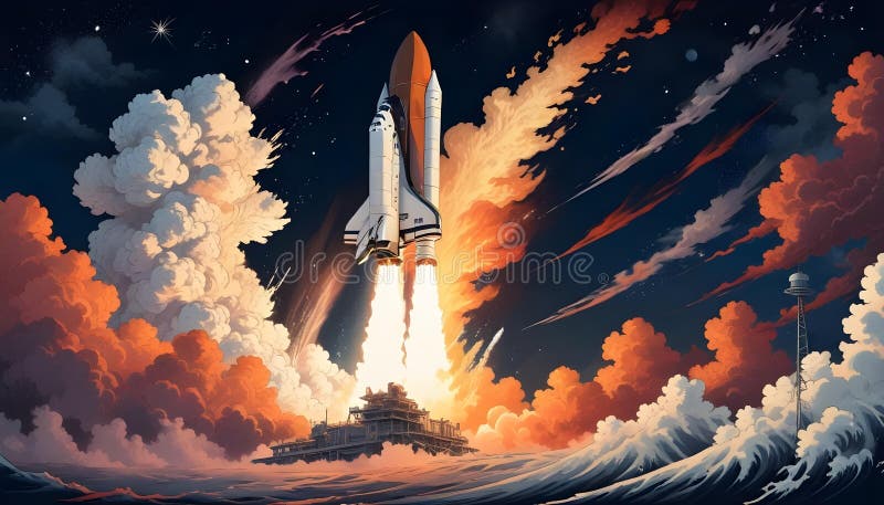 A Space Shuttle Launching into the Night Sky Stock Illustration ...