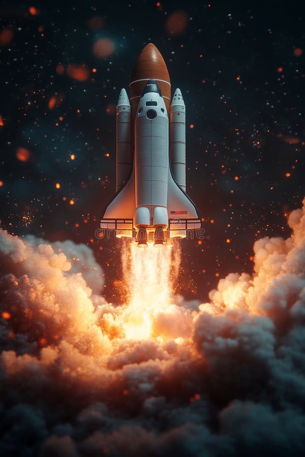 Space Shuttle Launching into Space with Orange Fire and Smoke ...