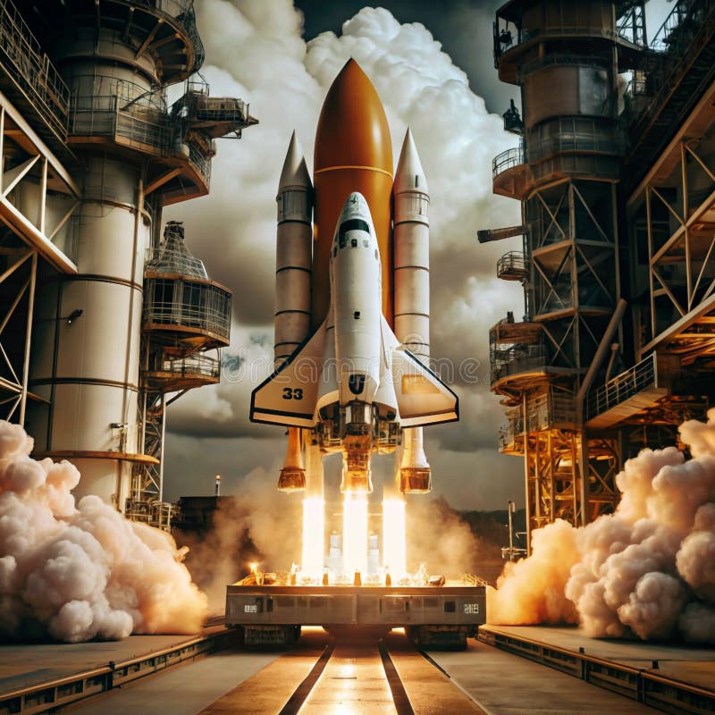 Space Shuttle Launching from Pad with Dramatic Smoke and Clouds Stock ...