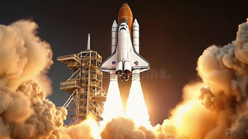 Space Shuttle Launching into Space with Bright Flames and Smoke Stock ...