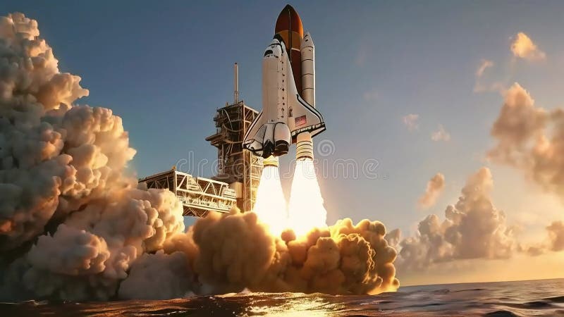 Space Shuttle Launching into Space at Sunrise, Surrounded by Clouds and ...