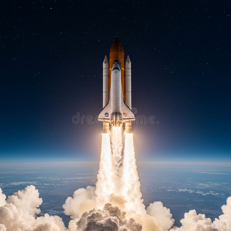 Space Shuttle Launching into a Starry Night Sky, Emitting Bright Flames ...