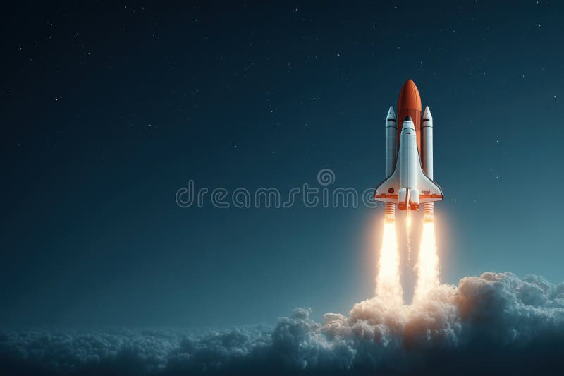 Space Shuttle Launching into Starry Night Sky with Powerful Rocket ...
