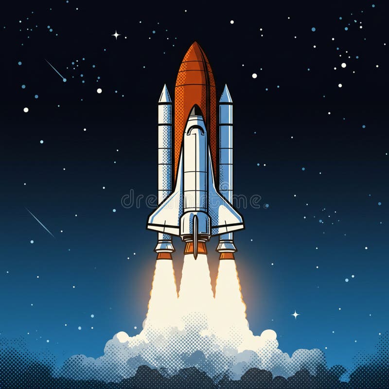 Space Shuttle Launching into Starry Sky, Depicted in a Comic Book Style ...