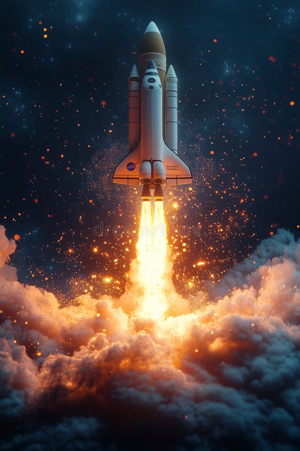 Space Shuttle Launching into Space with Orange Fire and Smoke ...