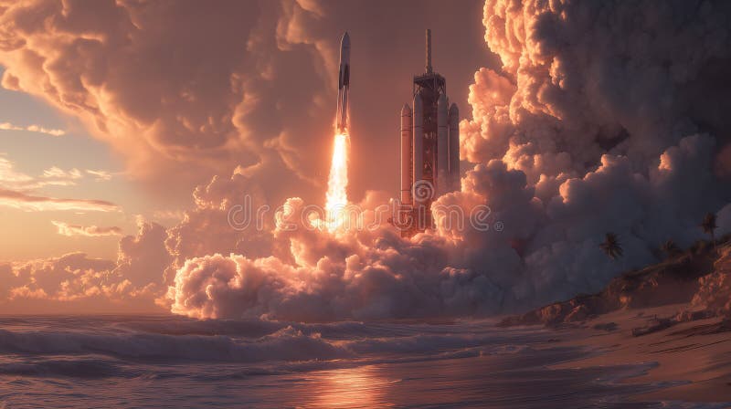 Space Shuttle Launching from Tropical Beach during Sunset Stock ...