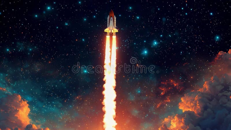Space Shuttle Launching through Vibrant Clouds Against Starlit Sky ...