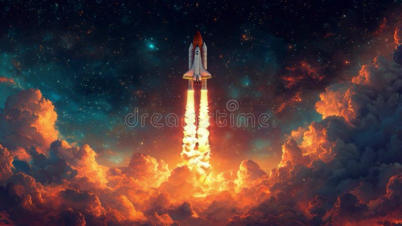 Space Shuttle Launching through Vibrant Clouds with Fiery Glow ...