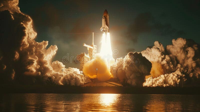 A Space Shuttle Lifting Off into the Sky, with Flames and Smoke Visible ...