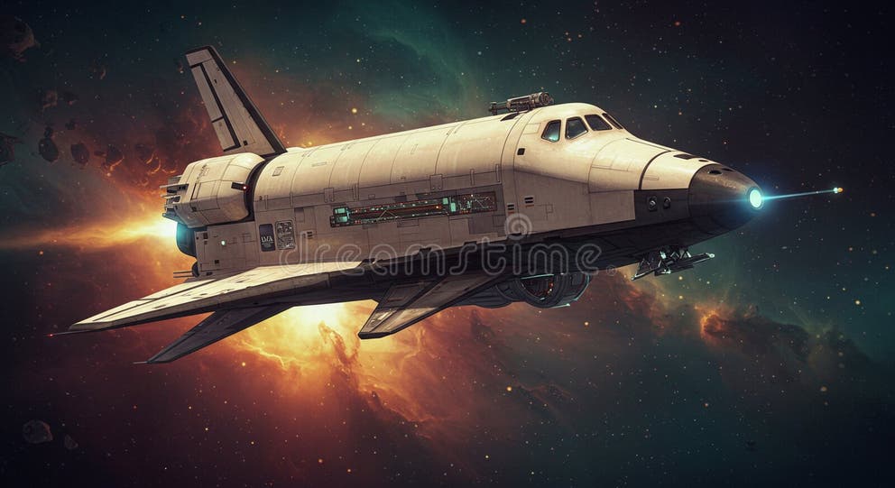 A Space Shuttle Navigates through Space, Surrounded by a Backdrop of ...