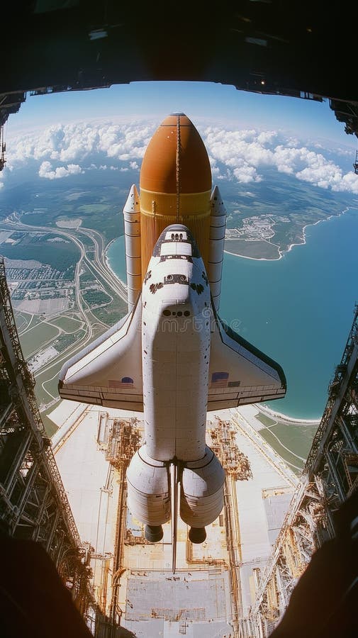 Space Shuttle Ready for Launch with Aerial View of Coast Stock Photo ...