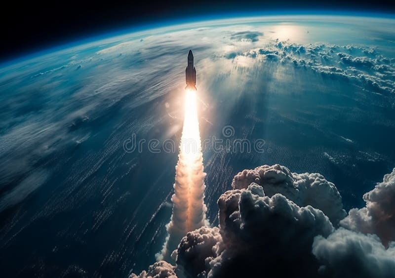 Space Shuttle Rocket Launch in Clouds with Stars in Outer Space ...