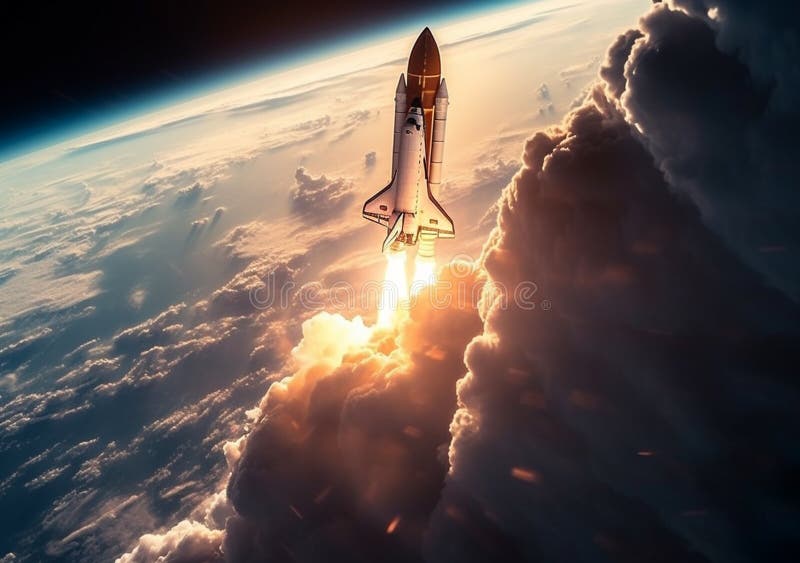 Space Shuttle Rocket Launch in Clouds with Stars in Outer Space ...