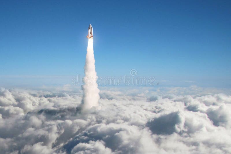 Space Shuttle Rocket Lift Off through the Clouds into Sky. Spaceship ...