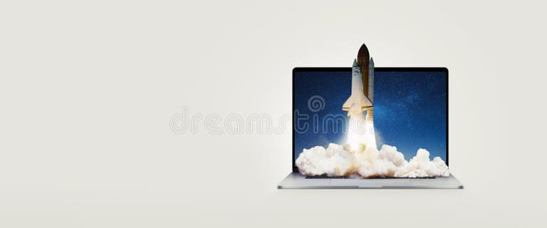 Space Shuttle Rocket Ship Successfully Takes Off from a Laptop on Gray ...