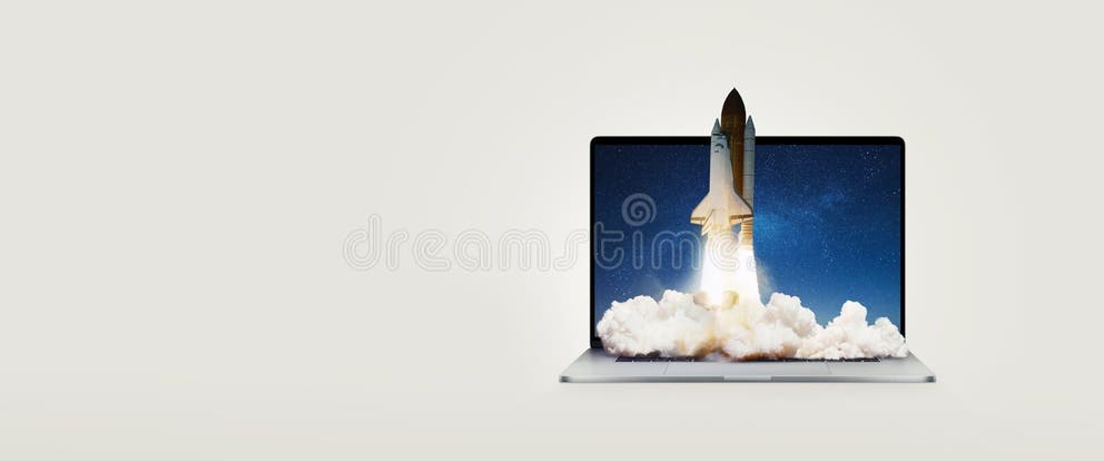 Space Shuttle Rocket Ship Successfully Takes Off from a Laptop on Gray ...