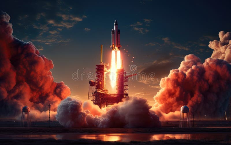 Space Shuttle Rocket Taking Off from a Launch Pad Surrounded by Heavy ...