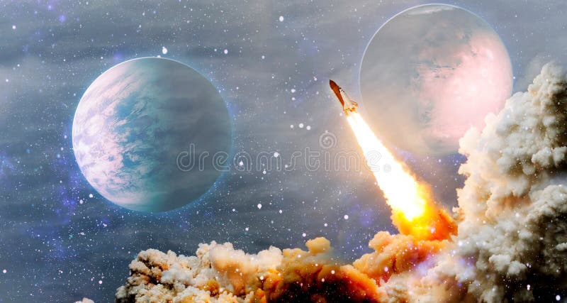 Space Shuttle Rockets Launch into Space on the Starry Sky. Spacecraft ...